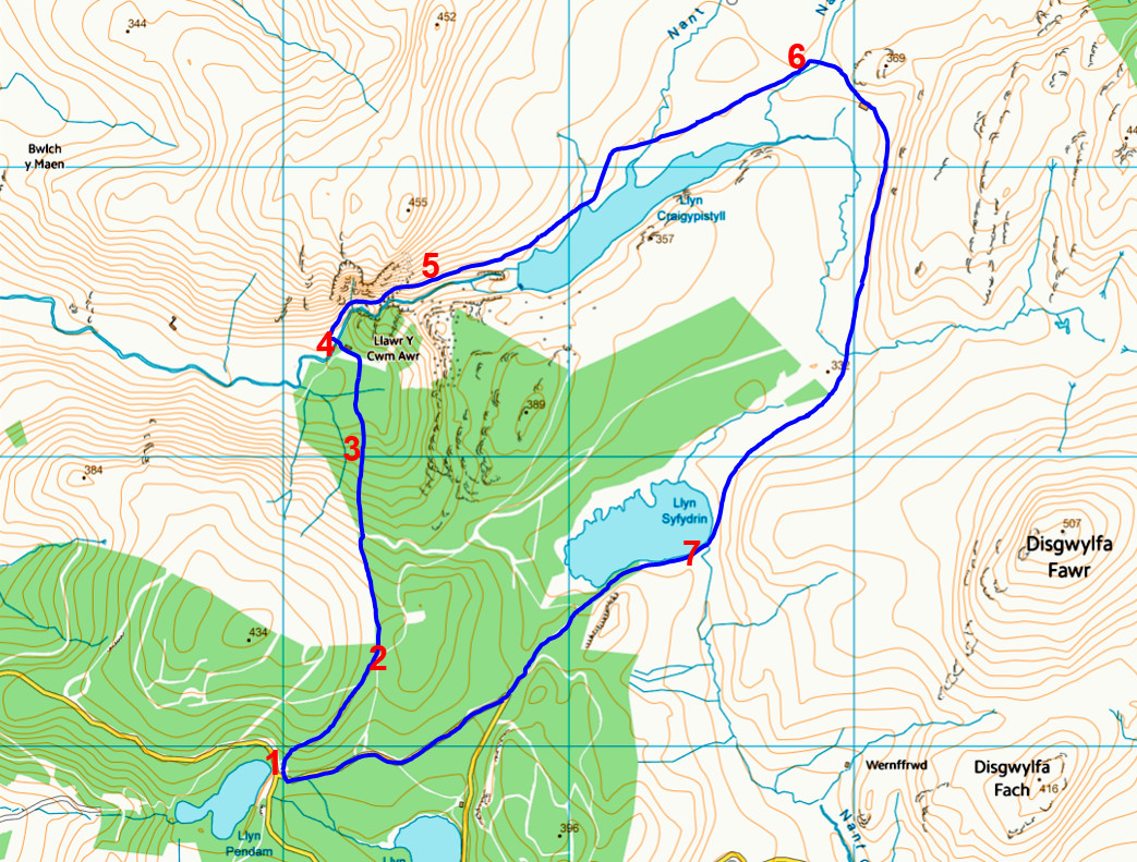 Craig y Pistyll Gorge and Llyn Syfydrin map